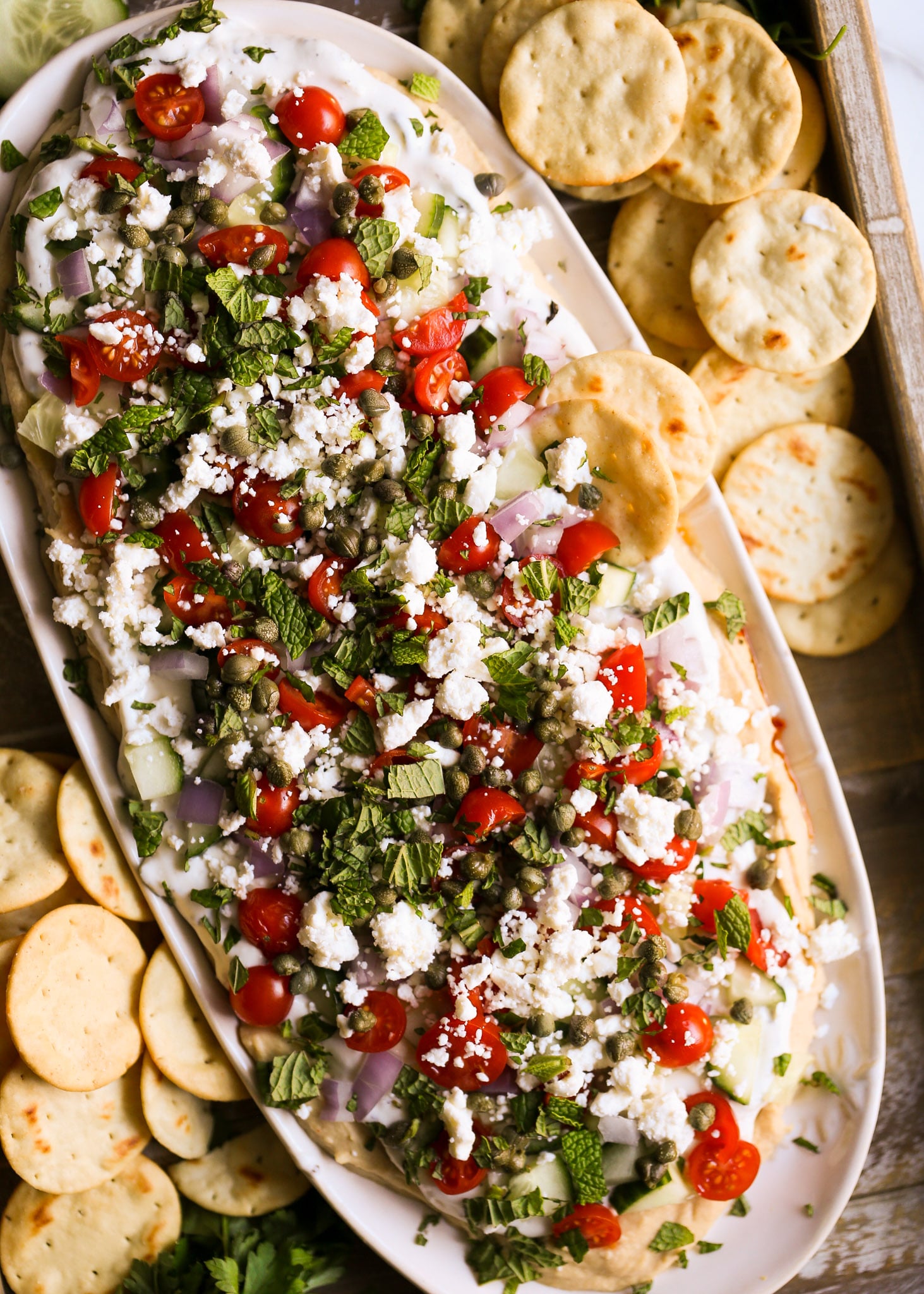 10-Minute Layered Greek Dip with Hummus and Tzatziki - Wholesomelicious