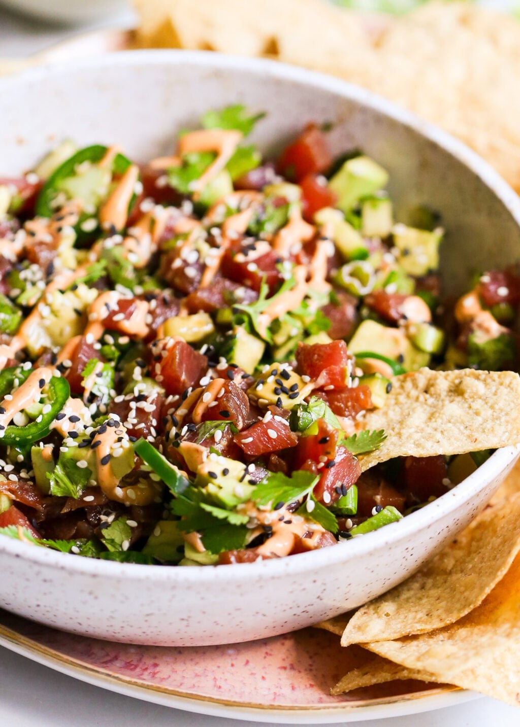Spicy Poke-Style Ahi Tuna Dip with Chips (15 Minutes!) - Wholesomelicious